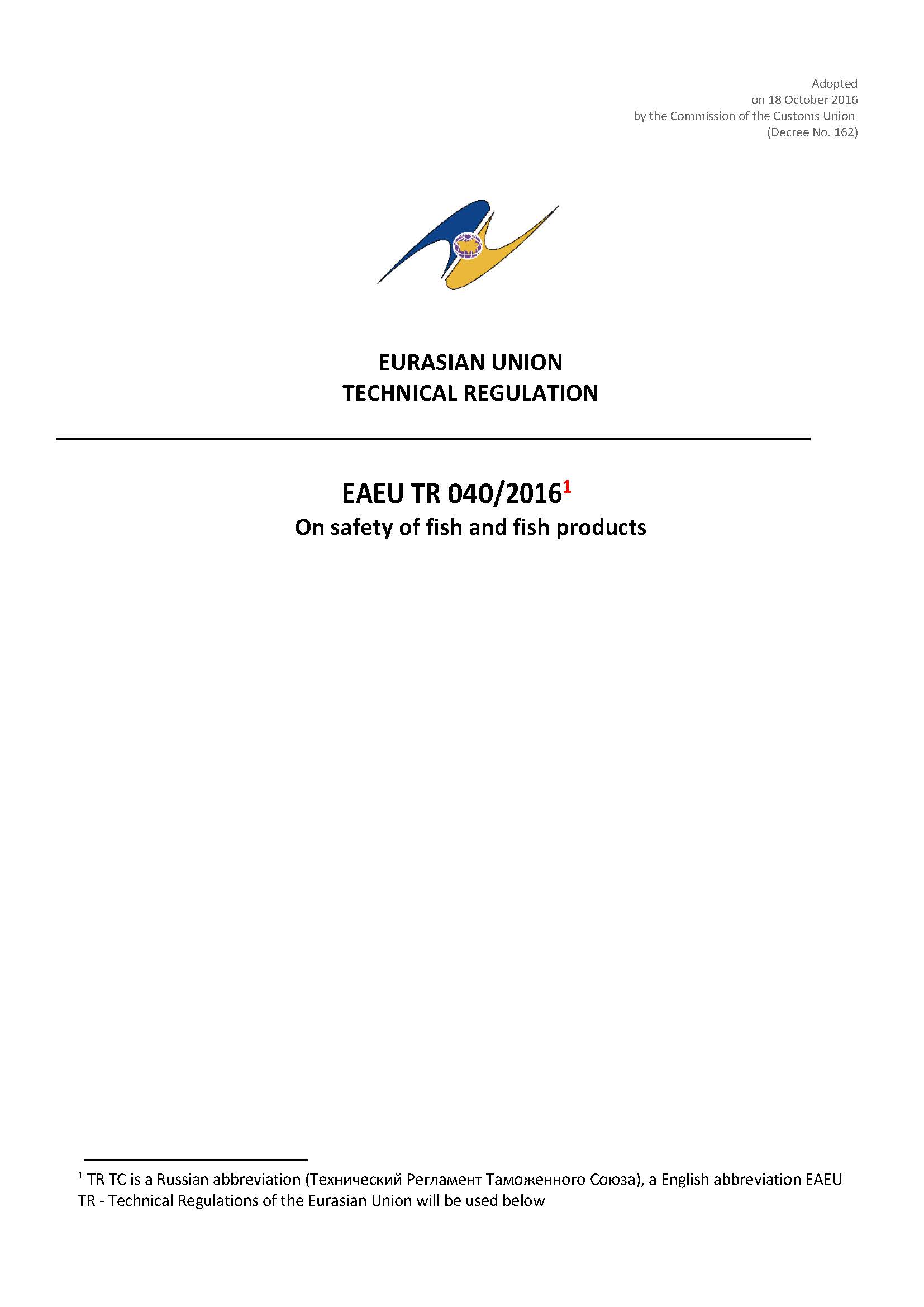 EAEU TR 040/2016 on safety of fish and fish products in pdf